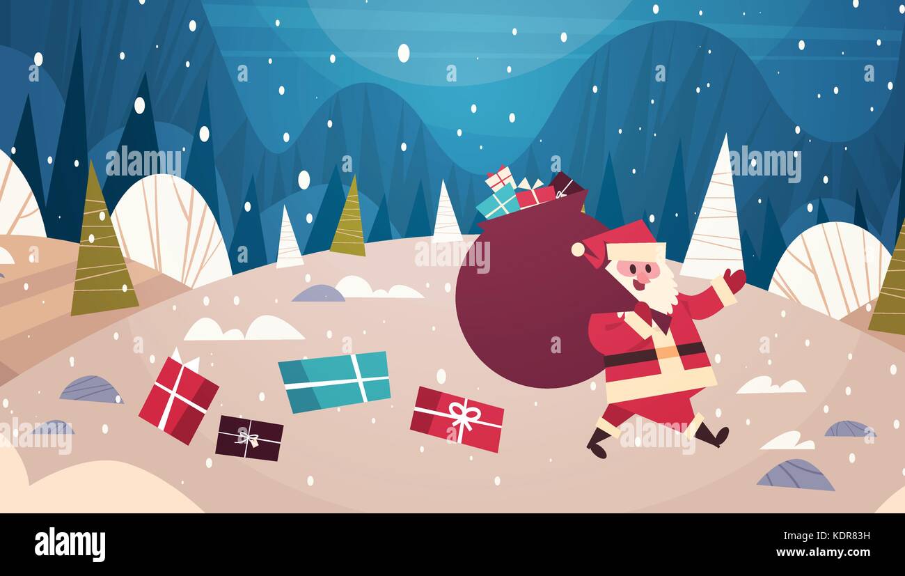 Merry Christmas And Happy New Year Greeting Card Santa Carry Big ...