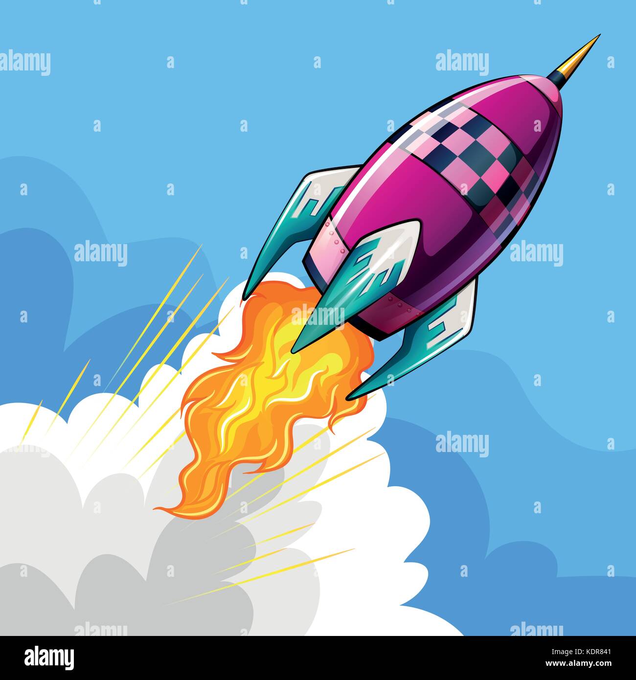 Rocket flying in sky illustration Stock Vector Image & Art - Alamy