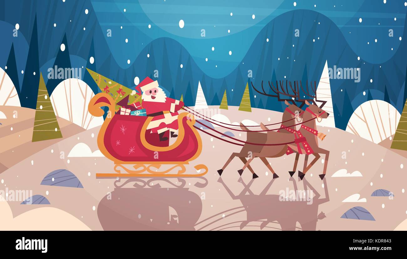 Santa Riding Sledge With Reindeers In Forest, Merry Christmas And Happy ...