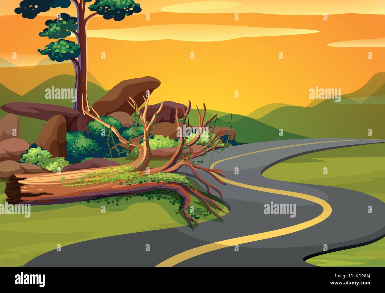 Scene with empty road at sunset illustration Stock Vector Image & Art ...