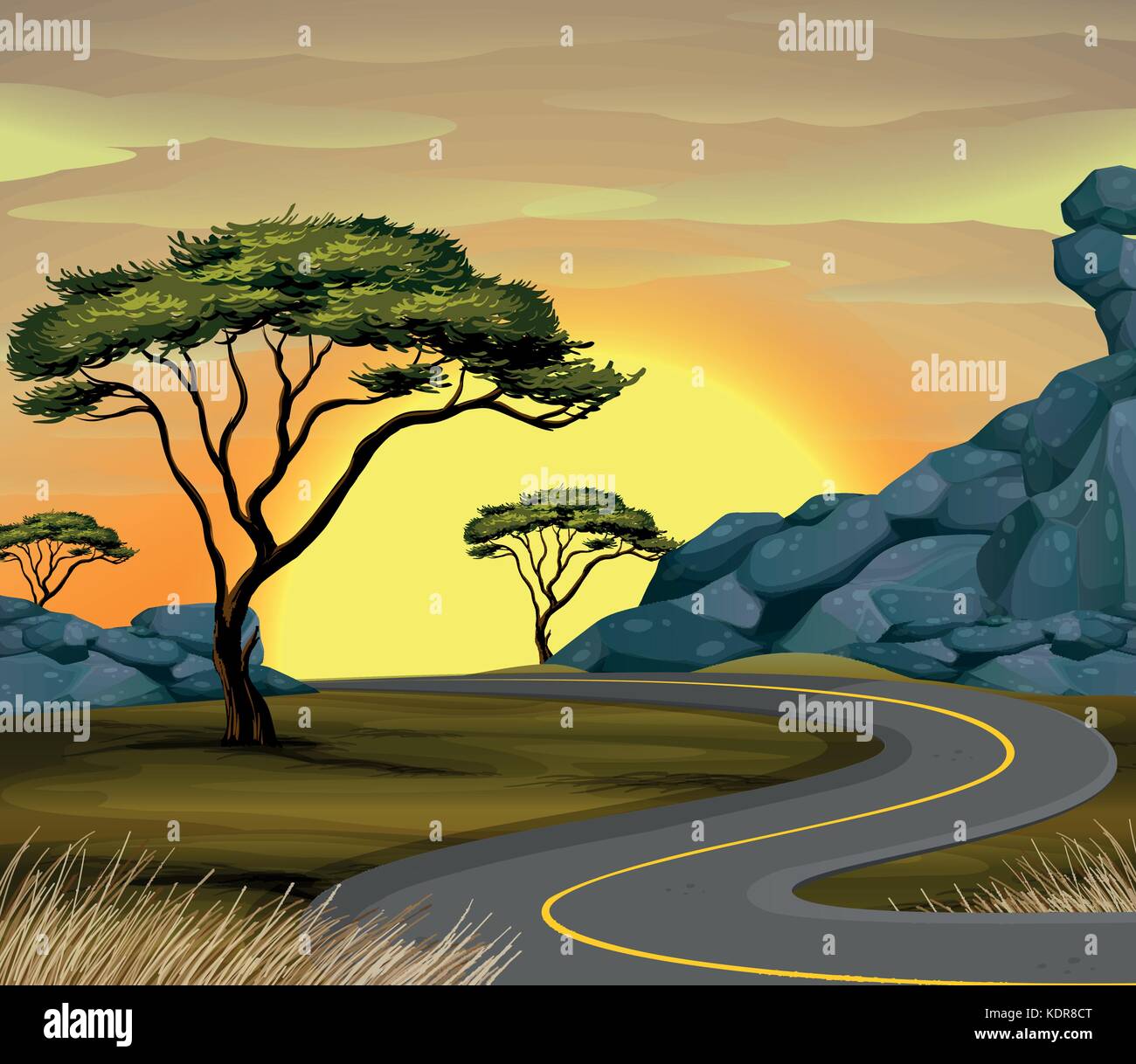 Scene with empty road at sunset illustration Stock Vector Image & Art ...