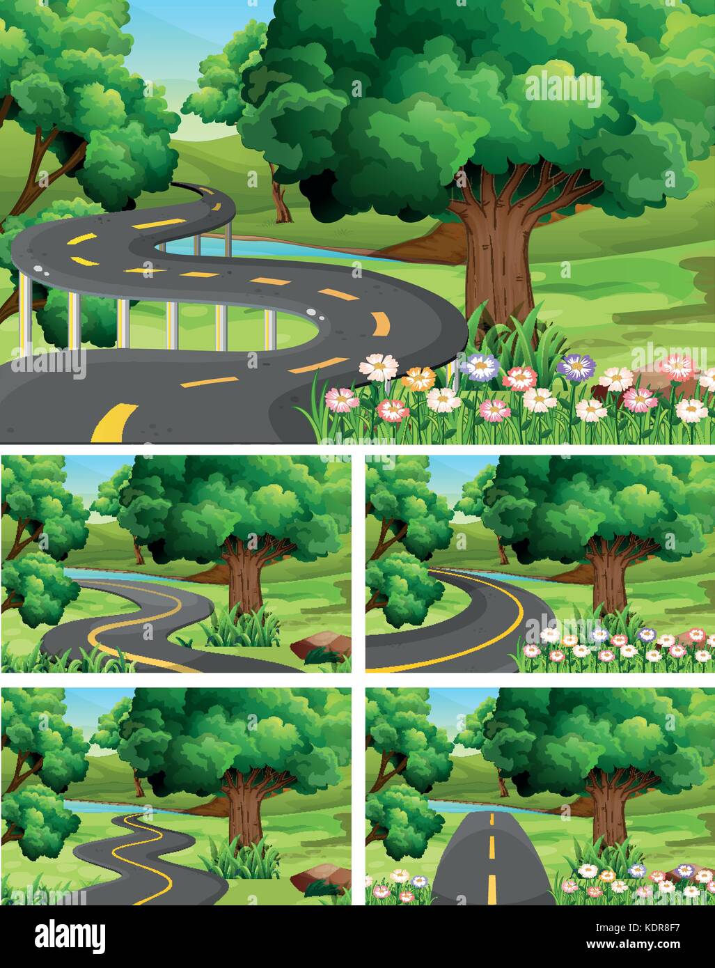 Five scenes of garden with empty road illustration Stock Vector Image ...