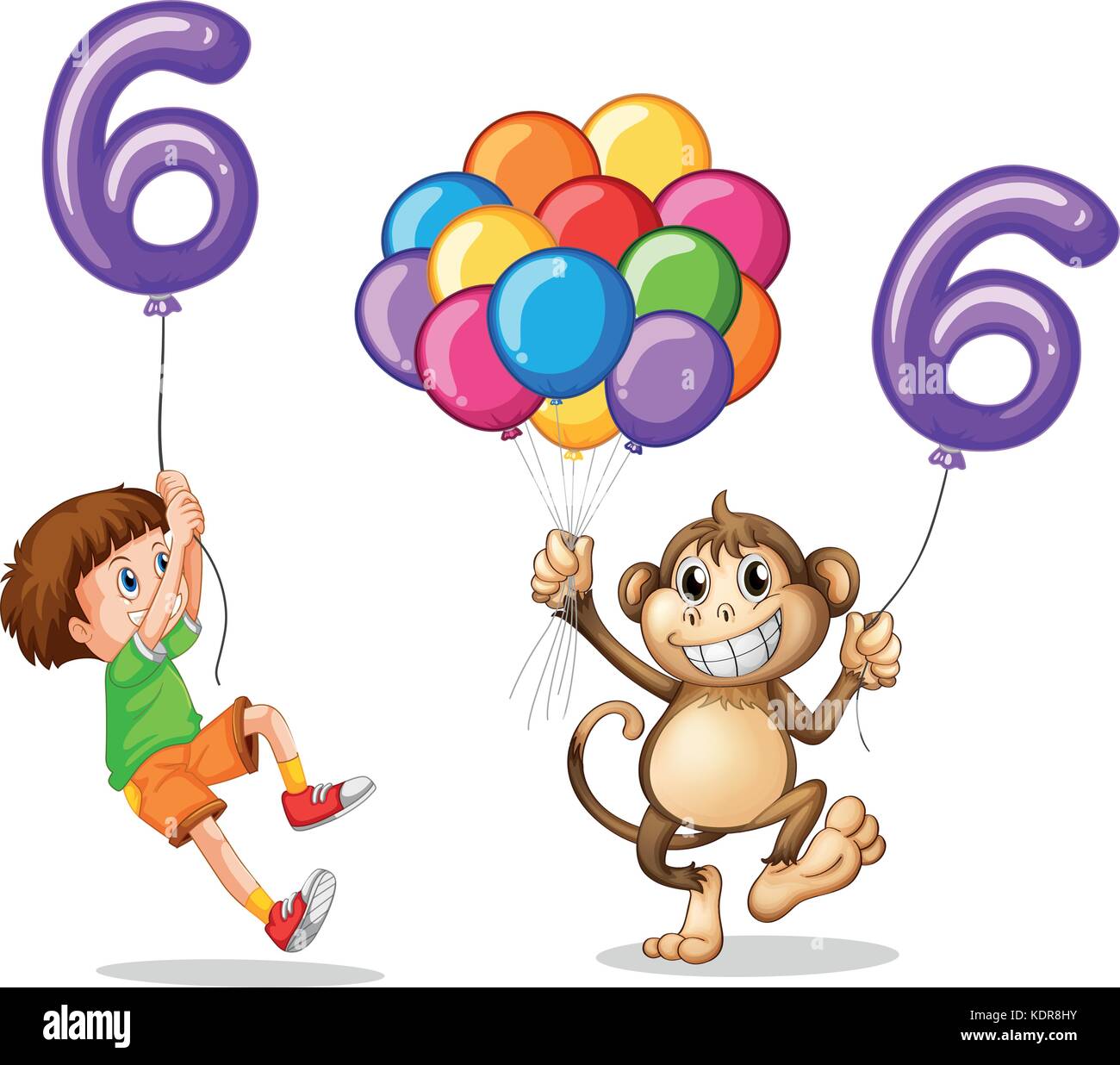 Boy and monkey with balloon number six illustration Stock Vector Image ...