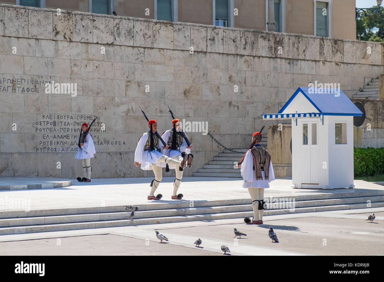Changing of the guards in front of Parliament, Evzones at the Tomb of the Unknown Soldier on ...
