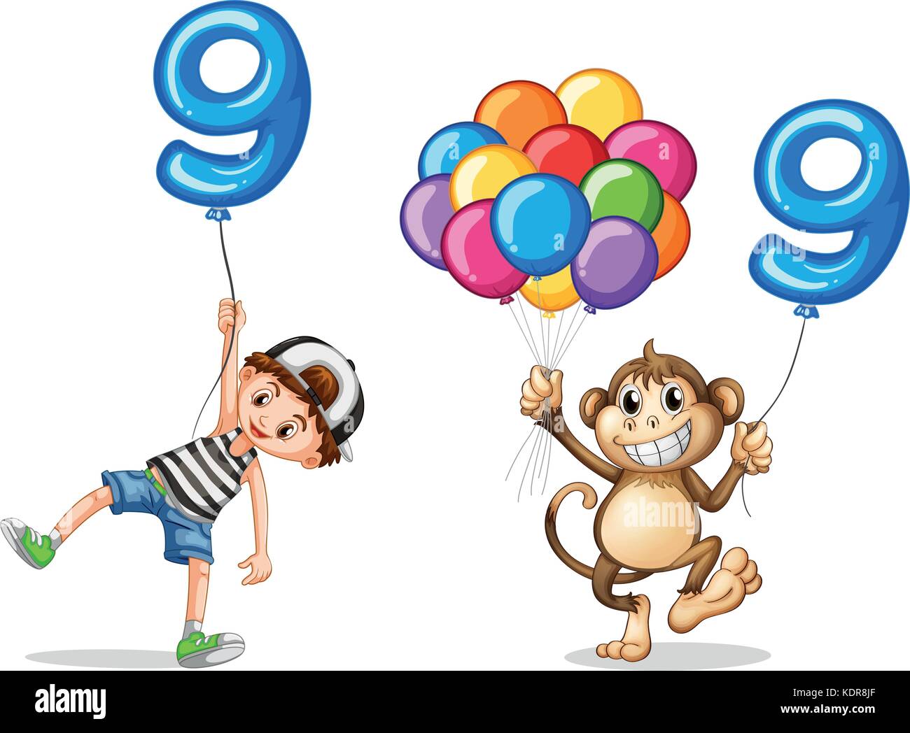 Boy and monkey with balloons for nine illustration Stock Vector Image ...