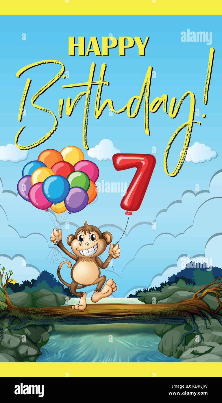 Happy birthday with monkey and number seven illustration Stock Vector ...