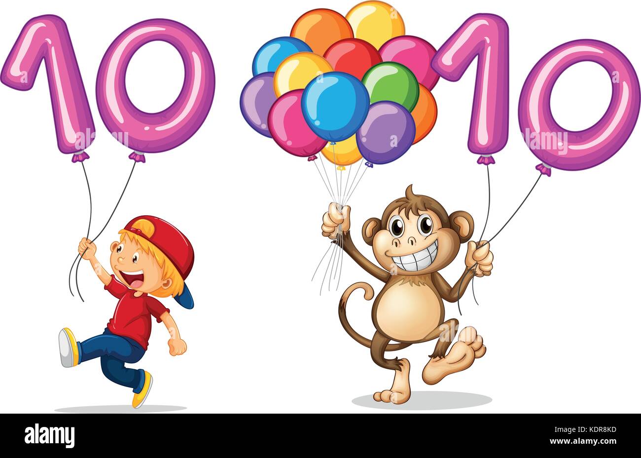 Boy and monkey with balloon for number 10 illustration Stock Vector ...