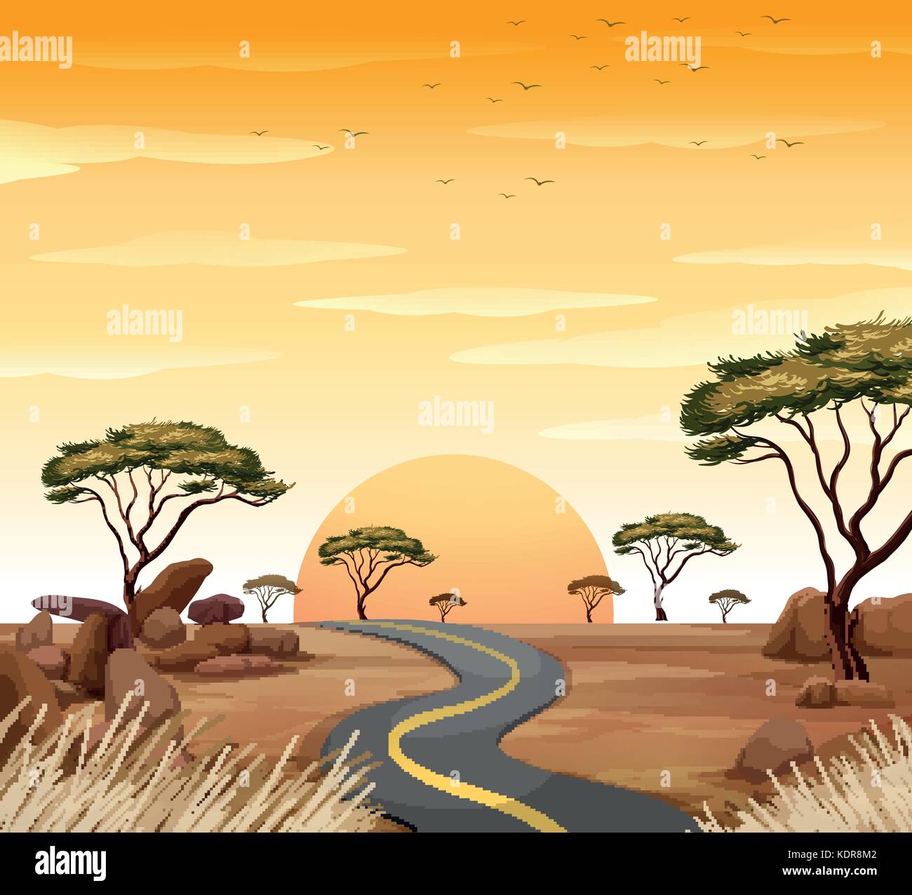 Scene with empty road at sunset illustration Stock Vector Image & Art ...