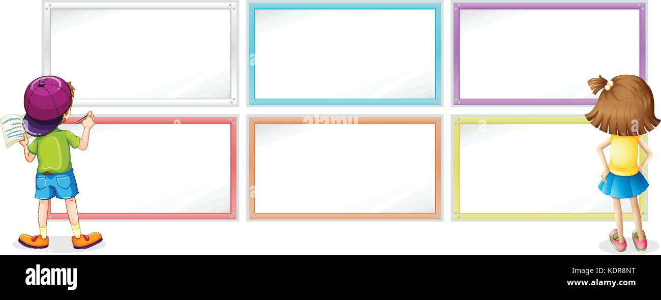 Frame template with girl and boy writing illustration Stock Vector ...
