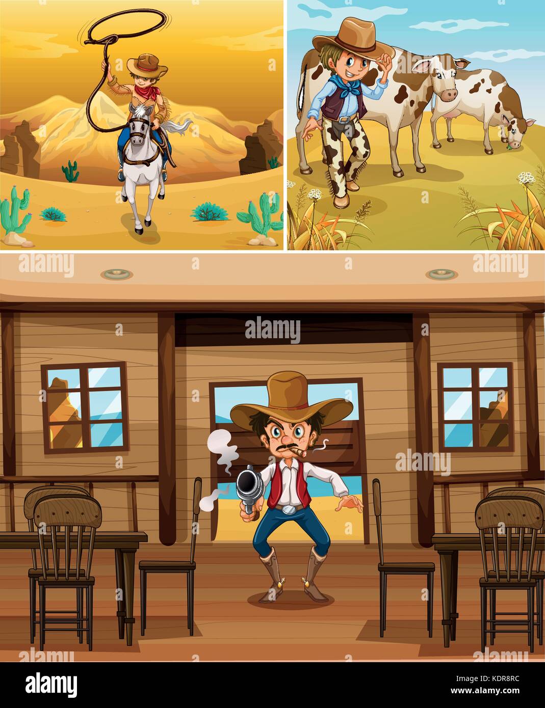Cowboy scenes with cowboys in different actions illustration Stock ...