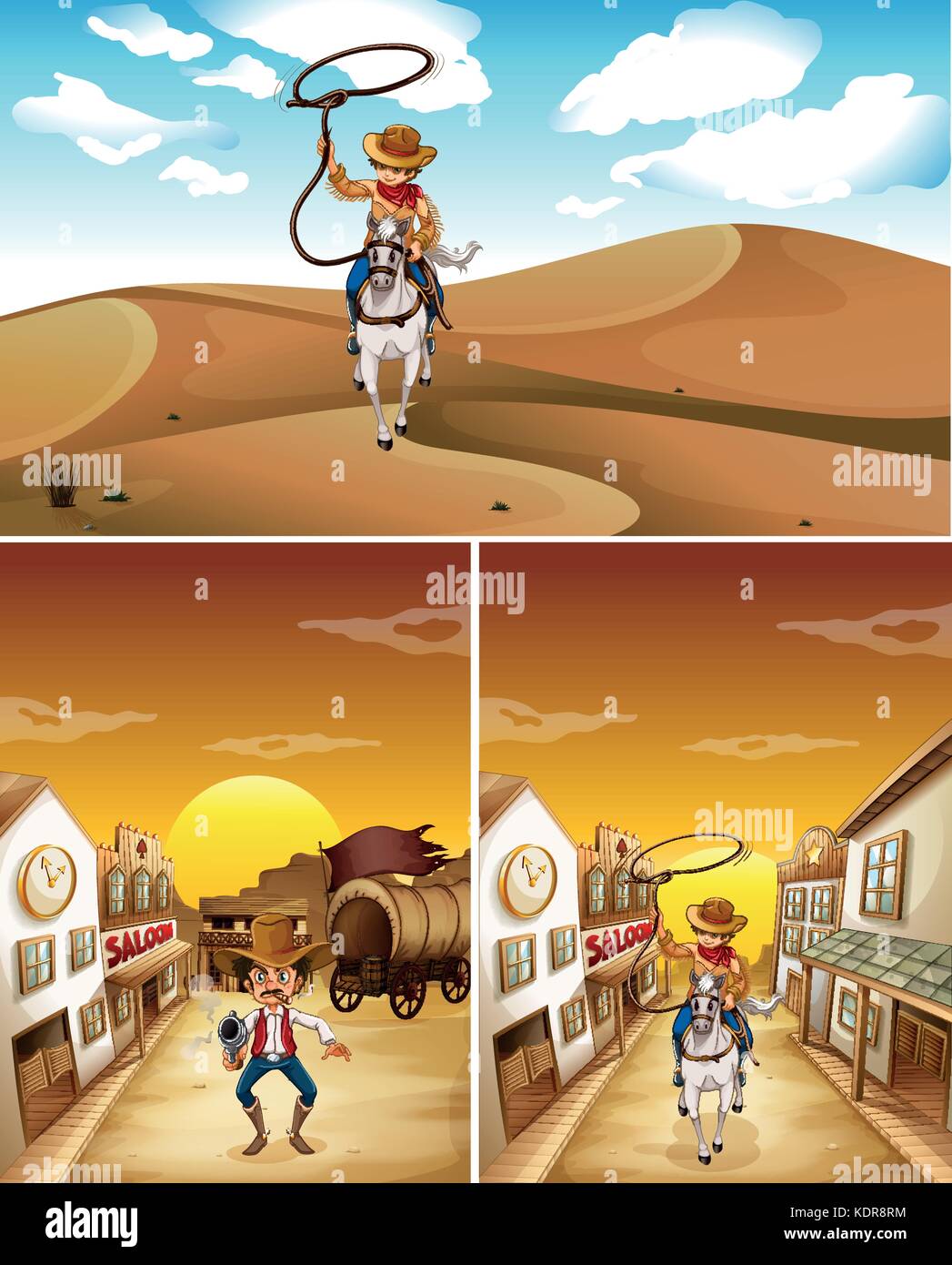 Cowboys in three different scenes illustration Stock Vector Image & Art ...