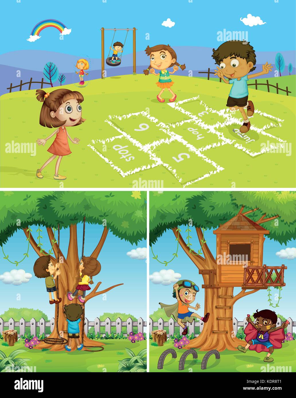 Three scenes with kids playing in the park illustration Stock Vector ...