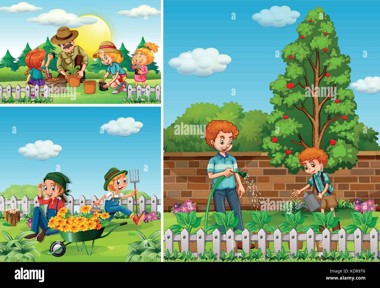 Three scenes with family doing gardening illustration Stock Vector ...