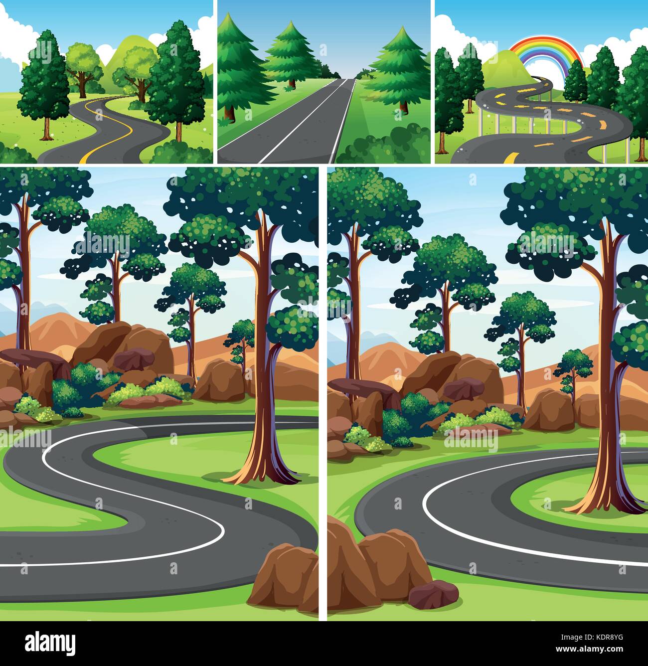 Scenes with road through the forest illustration Stock Vector Image ...