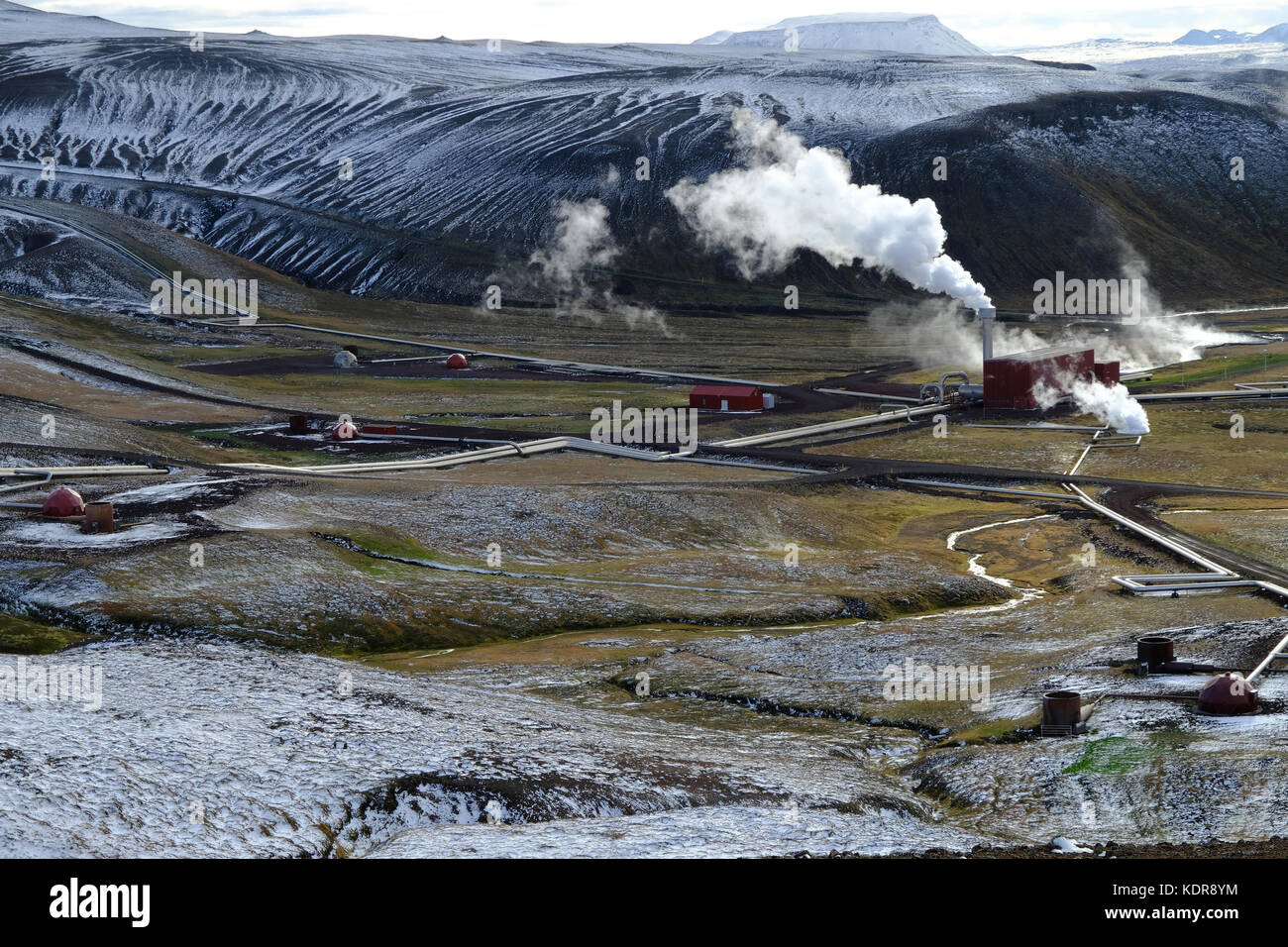 Wide angle view of Krafla Geothermal Power Station industrial site ...