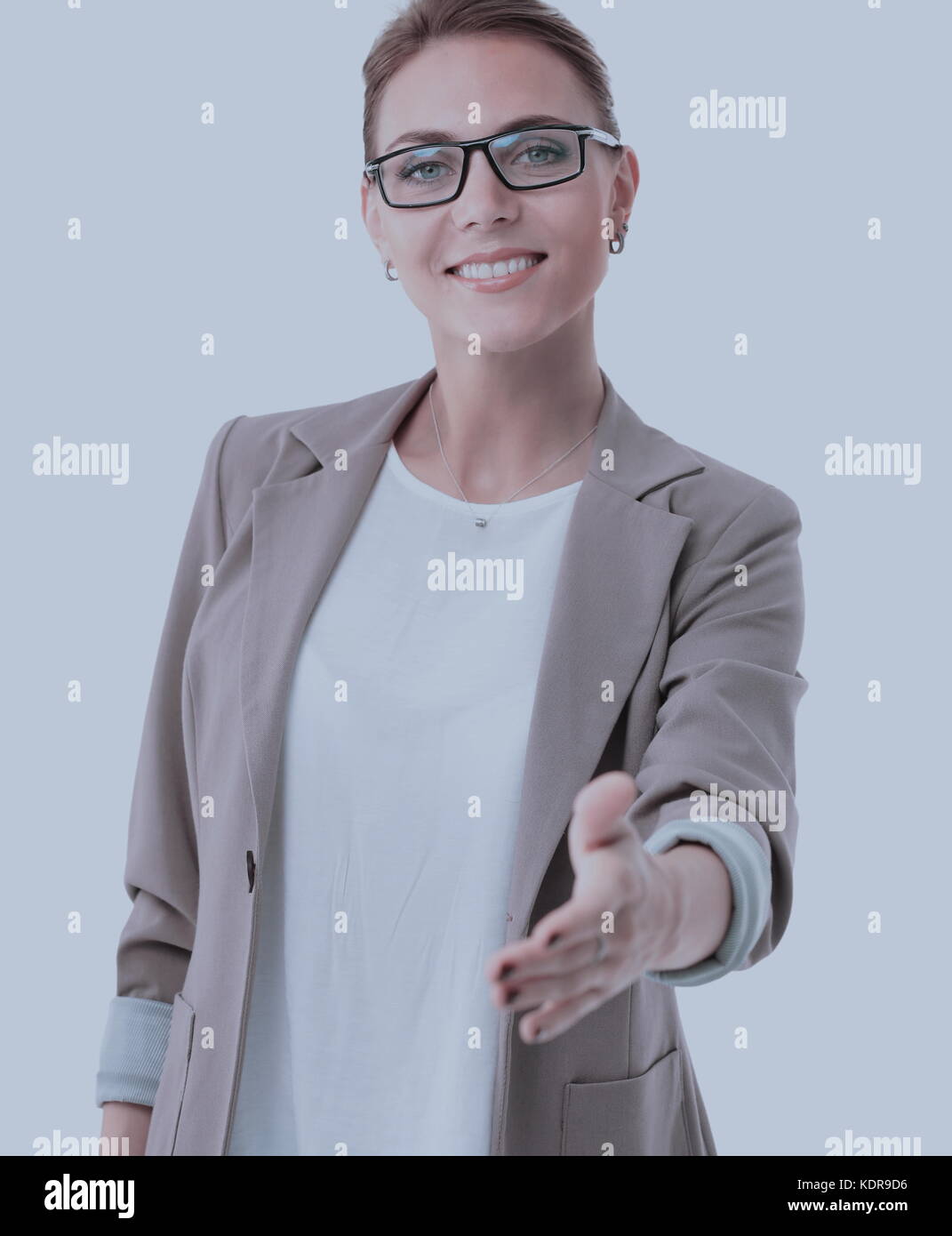 Beautiful successful business woman invites to cooperation isolated on ...