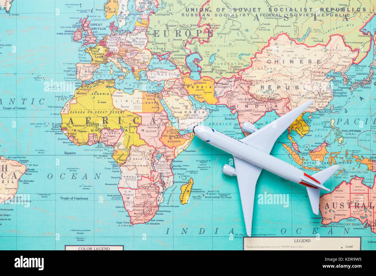 Travel. Trip. Vacation - Top view airplane with touristic map Stock ...