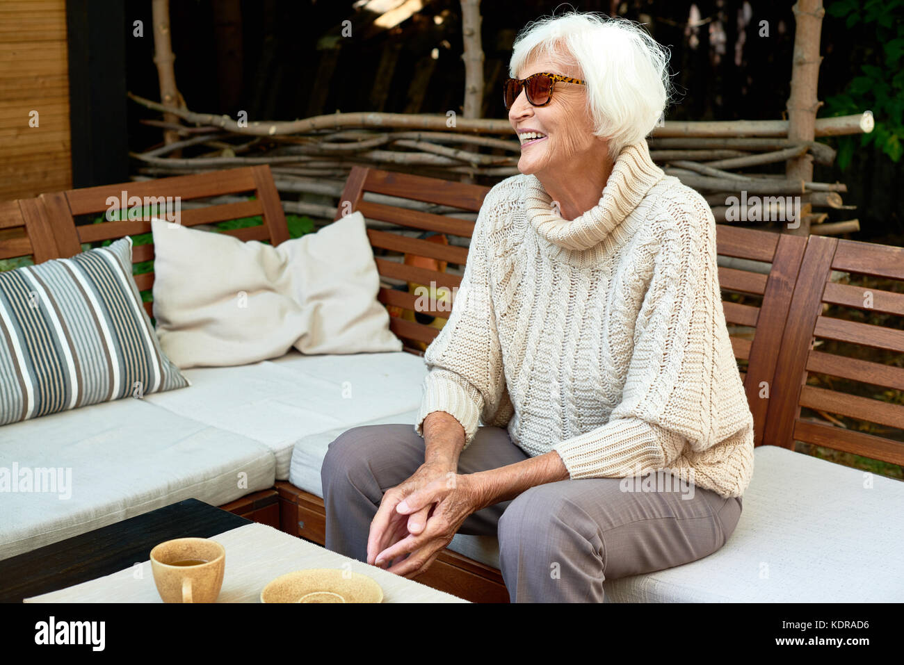 Happy Old Woman in Retirement Stock Photo - Alamy