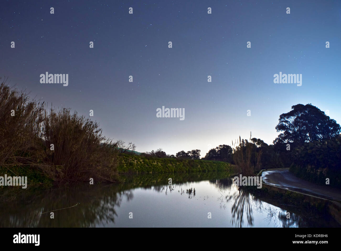 Chadwick Lakes in Malta, here seen at night. The long exposure gives an ...