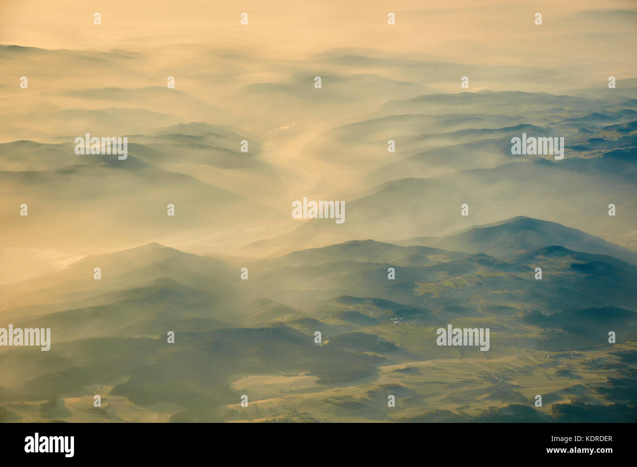 Beautiful view of morning mountains and river and fog above Stock Photo ...