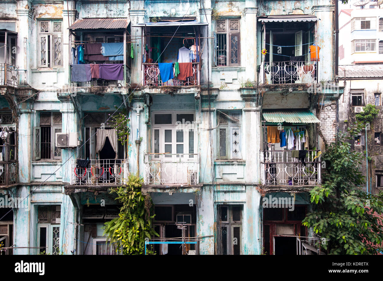 A block of old flats in the center of downtown Yangon in Myanmar Stock ...
