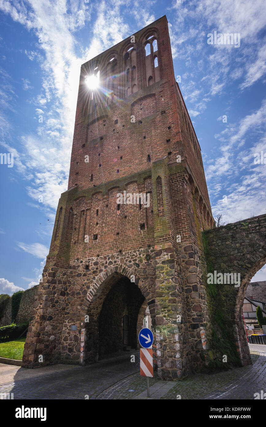 Old city gate in Gartz town in the Uckermark district of Brandenburg ...