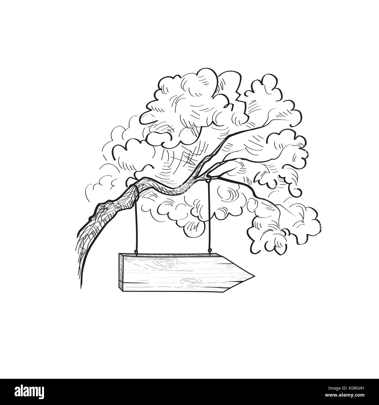 Stylish doodle wooden outdoor arrow road sign. Retro engraving of Plank ...