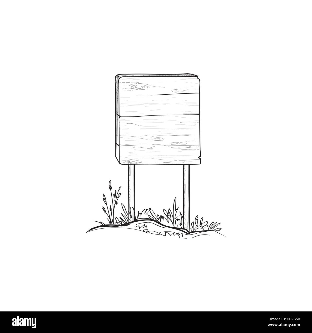Stylish doodle wooden outdoor road sign. Retro engraving of Plank. Hand ...