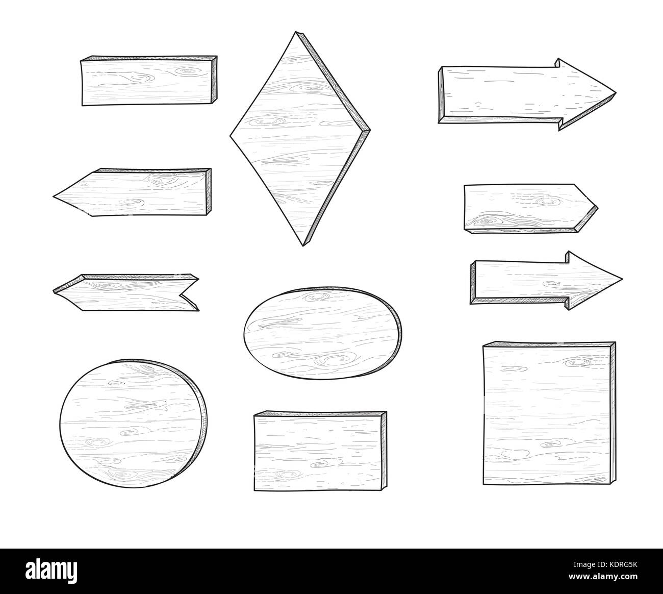 Set of stylish doodle wooden road sign and arrow. Retro engraving of ...