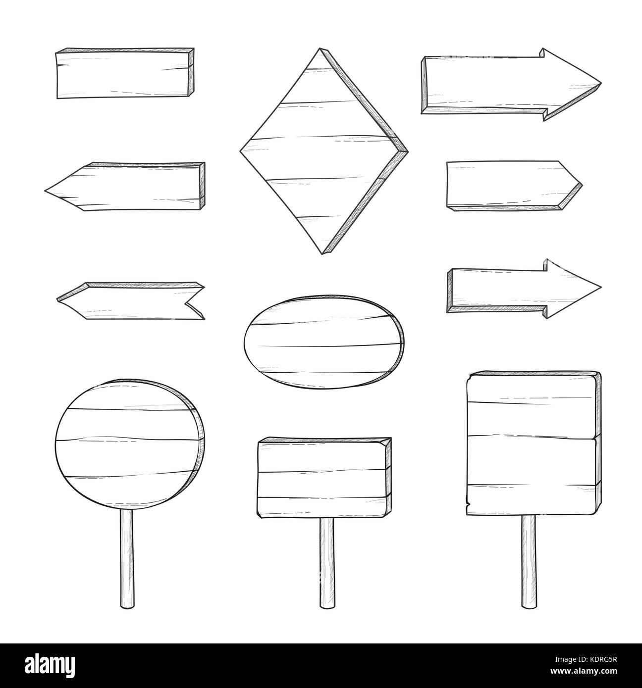 Set of stylish doodle wooden road sign and arrow. Retro engraving of ...