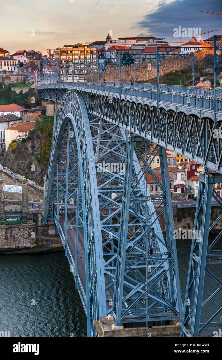 Sunrise over Porto city, Portugal. View with Dom Luis I Bridge between ...