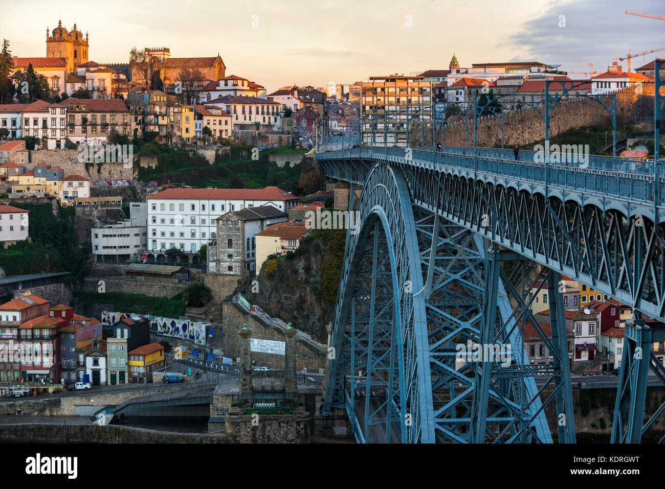Sunrise over Porto city, Portugal. View with Dom Luis I Bridge between ...
