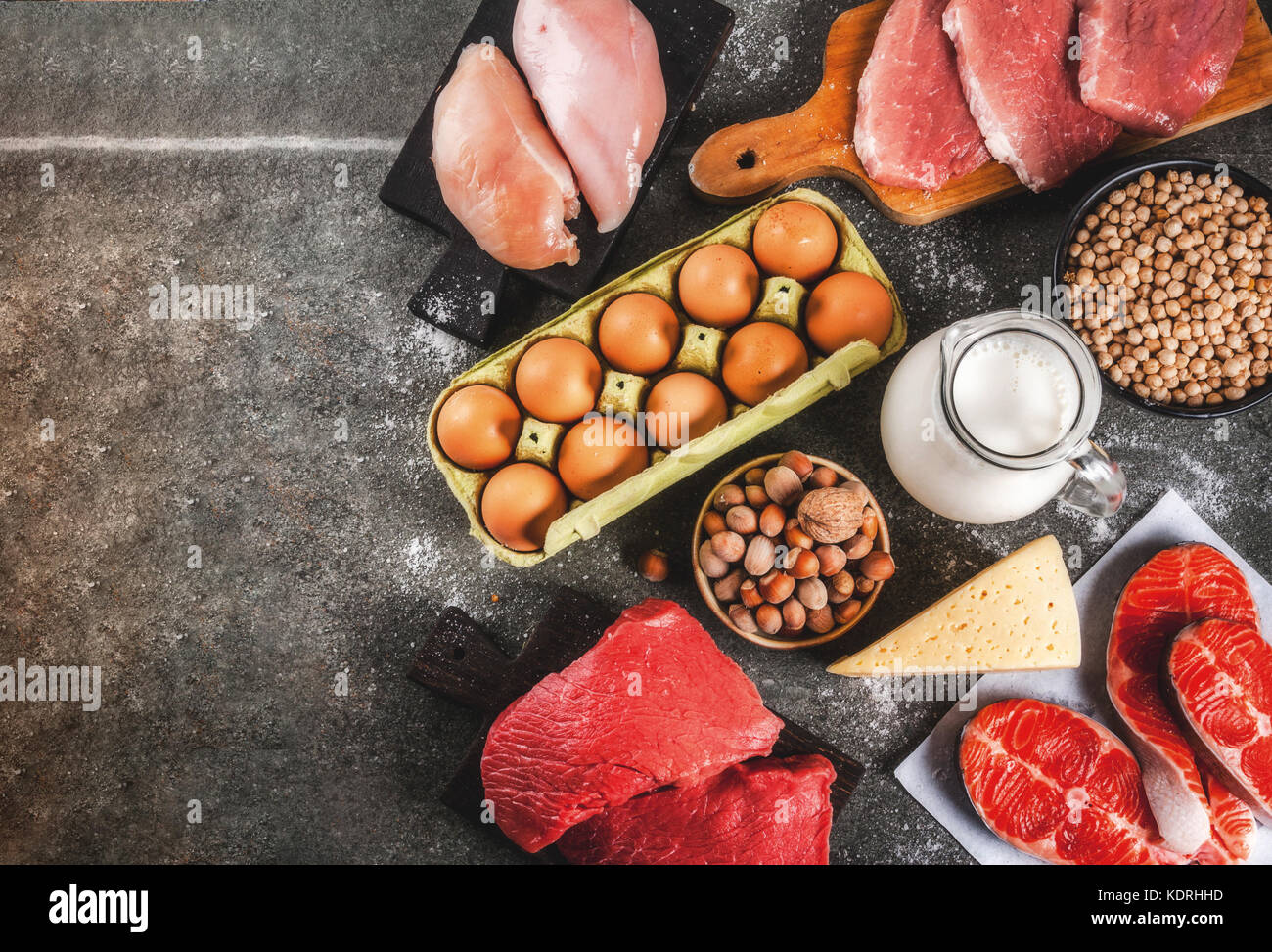 Healthy food background. Selection of protein sources: beef and pork ...