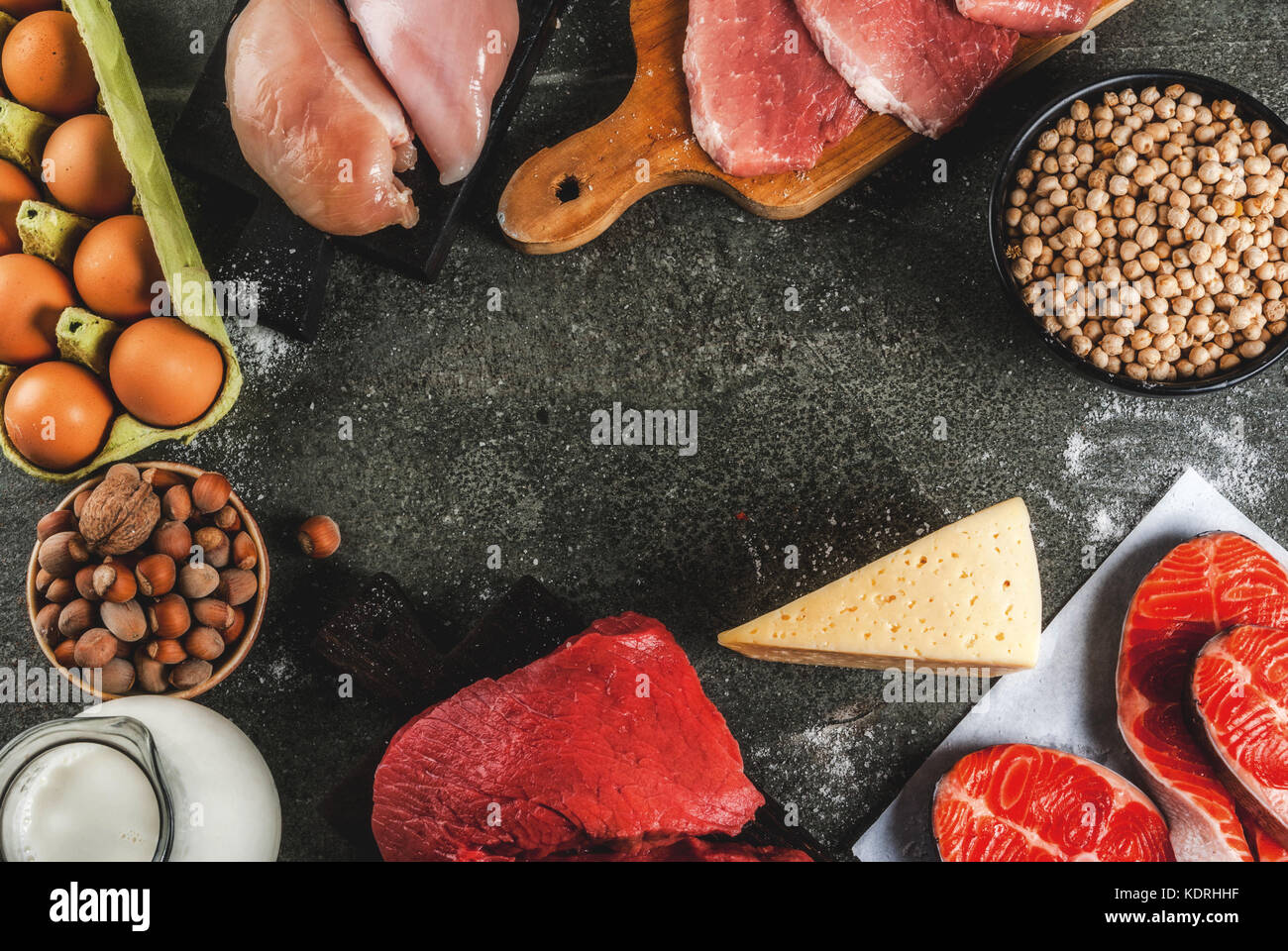 Healthy food background. Selection of protein sources: beef and pork ...