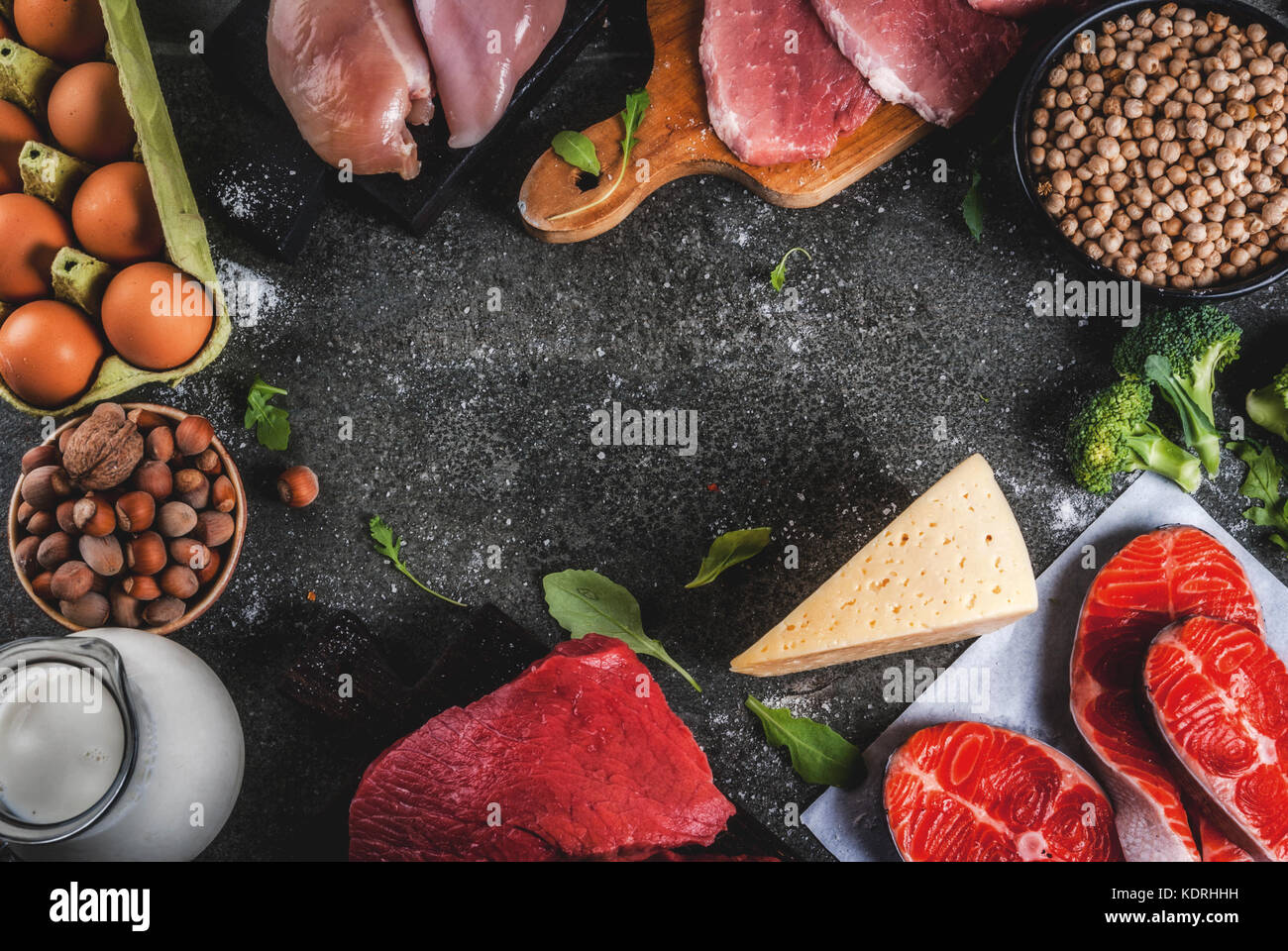 Healthy food background. Selection of protein sources: beef and pork ...