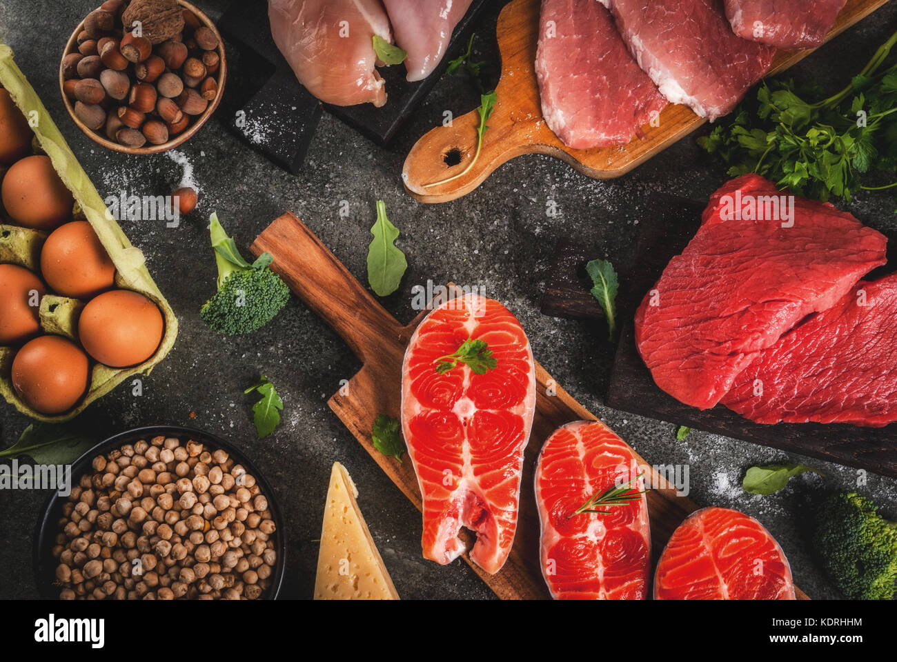 Healthy food background. Selection of protein sources: beef and pork ...