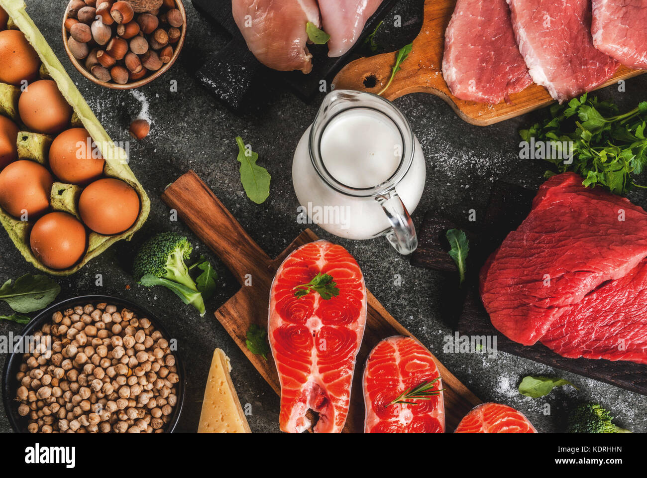 Healthy food background. Selection of protein sources: beef and pork ...