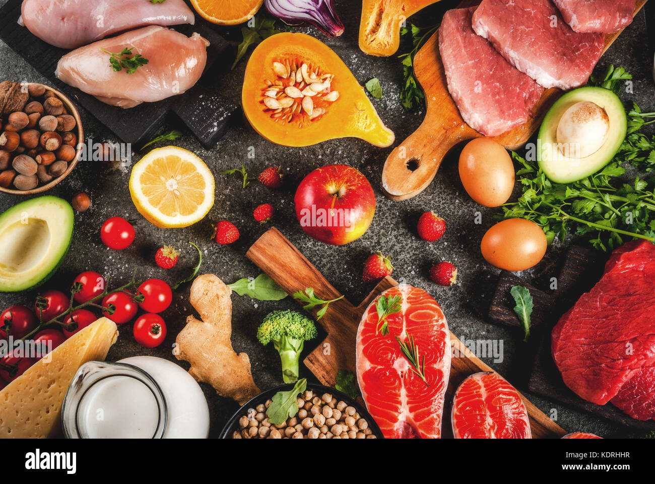 Healthy diet background. Organic food ingredients, superfoods: beef and ...