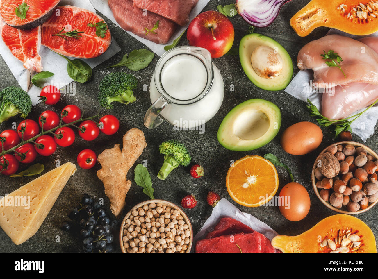 Healthy diet background. Organic food ingredients, superfoods: beef and ...