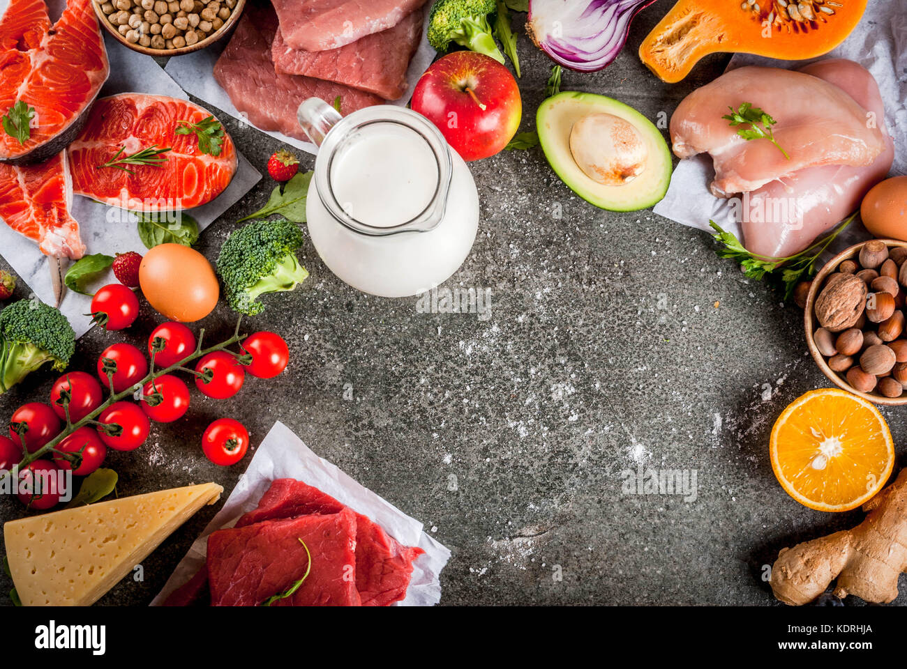 Healthy diet background. Organic food ingredients, superfoods: beef and ...