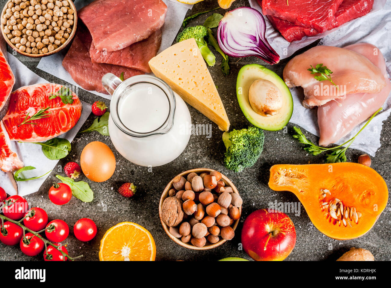 Healthy diet background. Organic food ingredients, superfoods: beef and ...