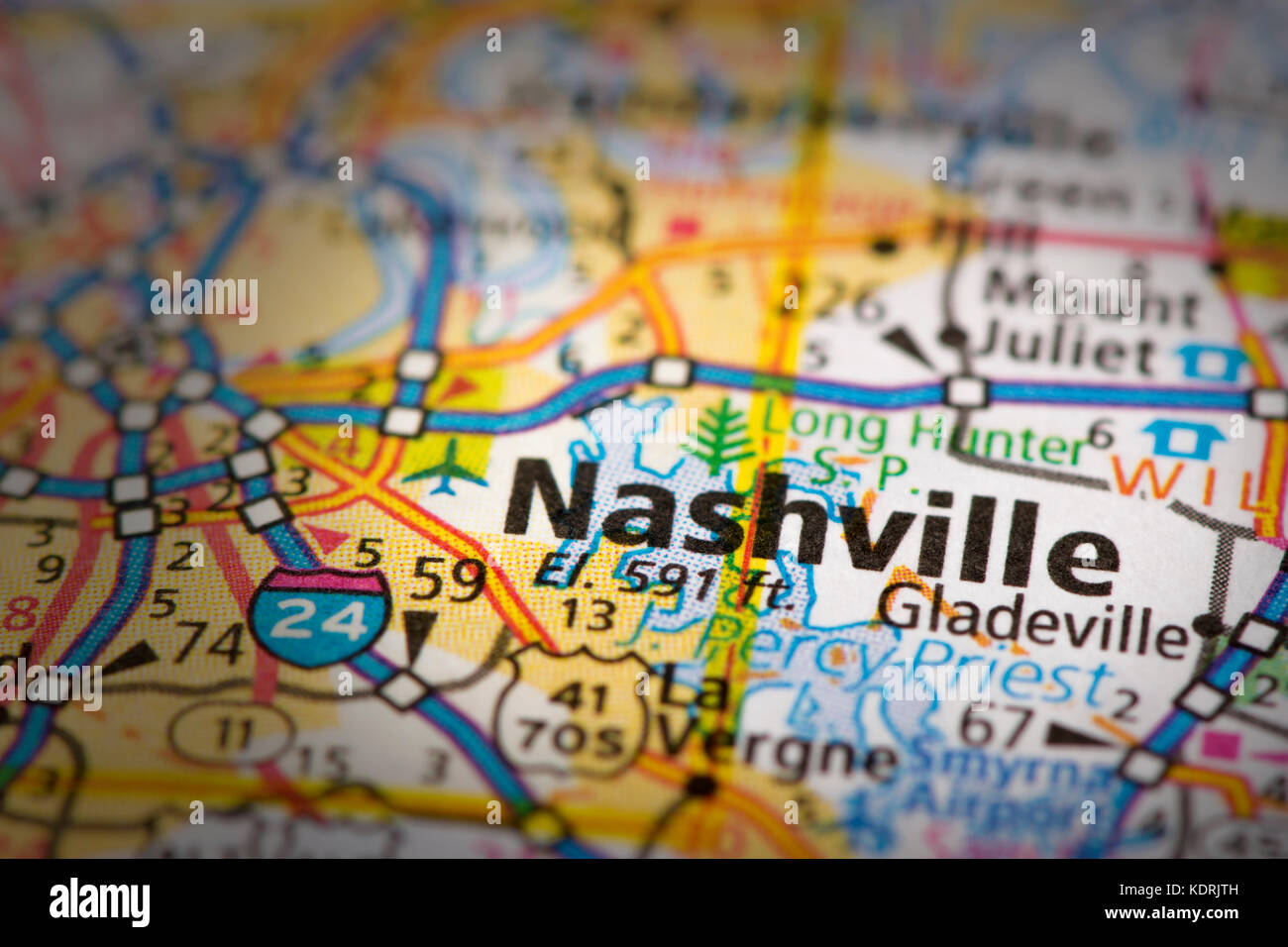 Closeup of Nashville, Tennessee on a road map of the United States ...