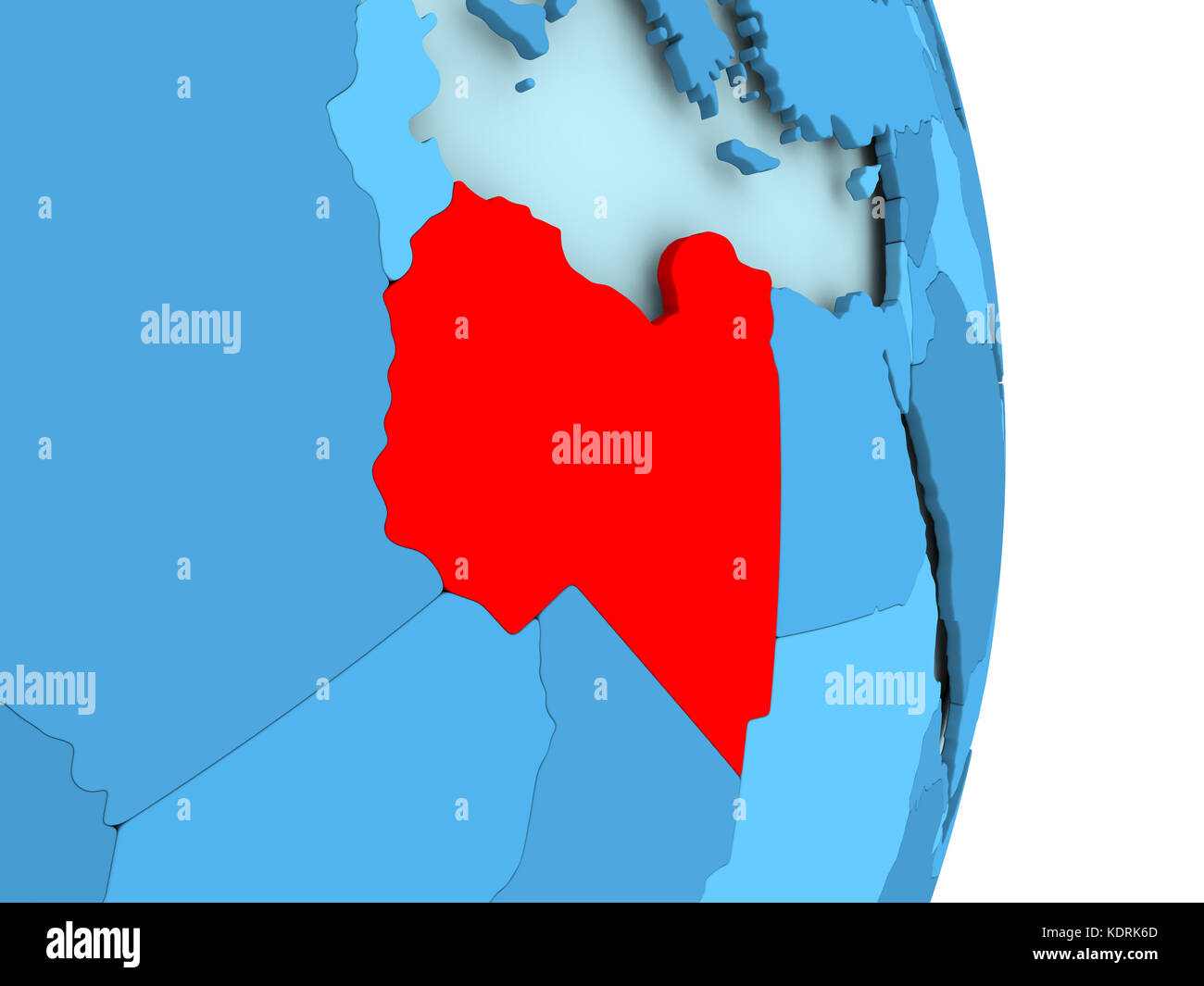 Libya in red on simple blue political globe with visible country ...