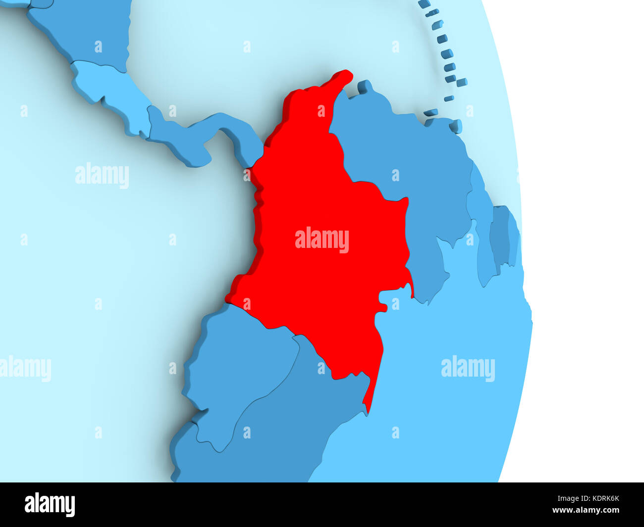 Colombia in red on simple blue political globe with visible country ...