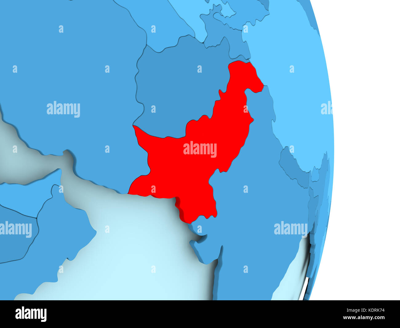 Pakistan in red on simple blue political globe with visible country ...