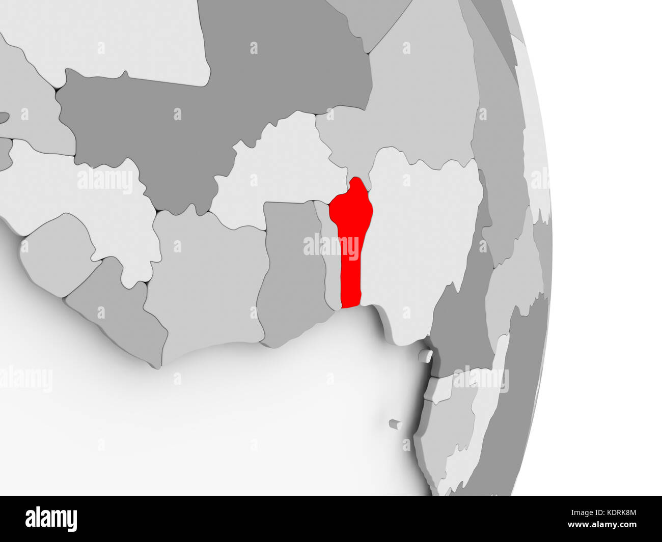 Benin highlighted in red on grey political globe. 3D illustration Stock ...