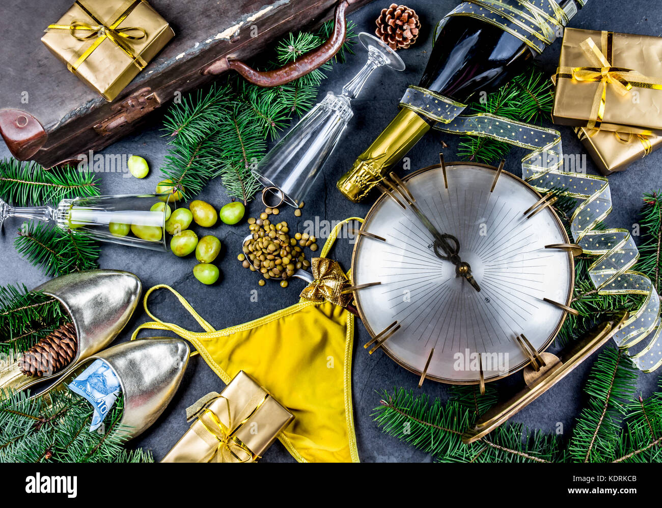 LATIN AMERICAN AND SPANISH NEW YEAR TRADITIONS. empty suitcase, lentil ...