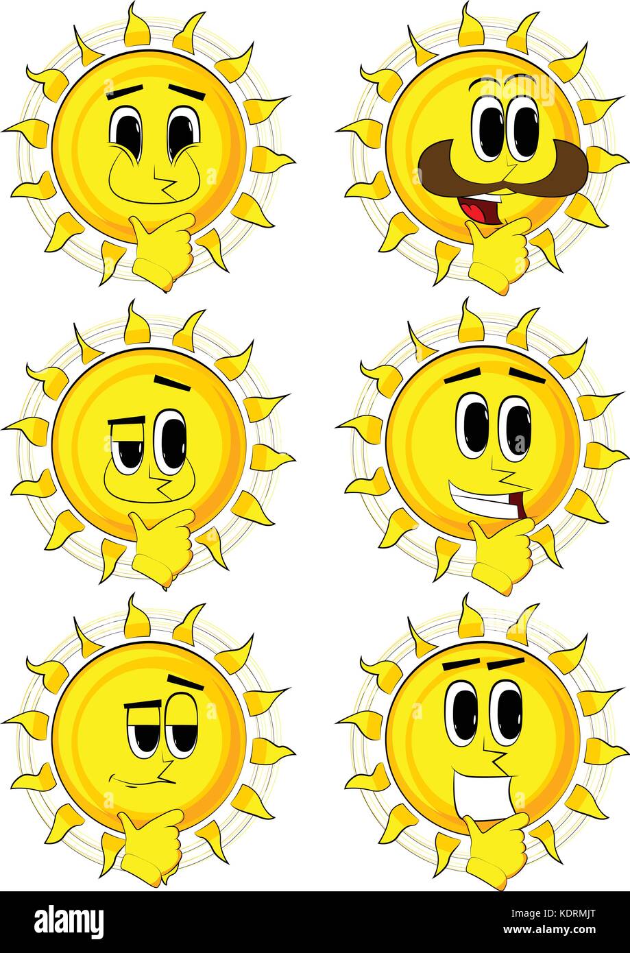 Cartoon sun thinking. Collection with happy faces. Expressions vector ...