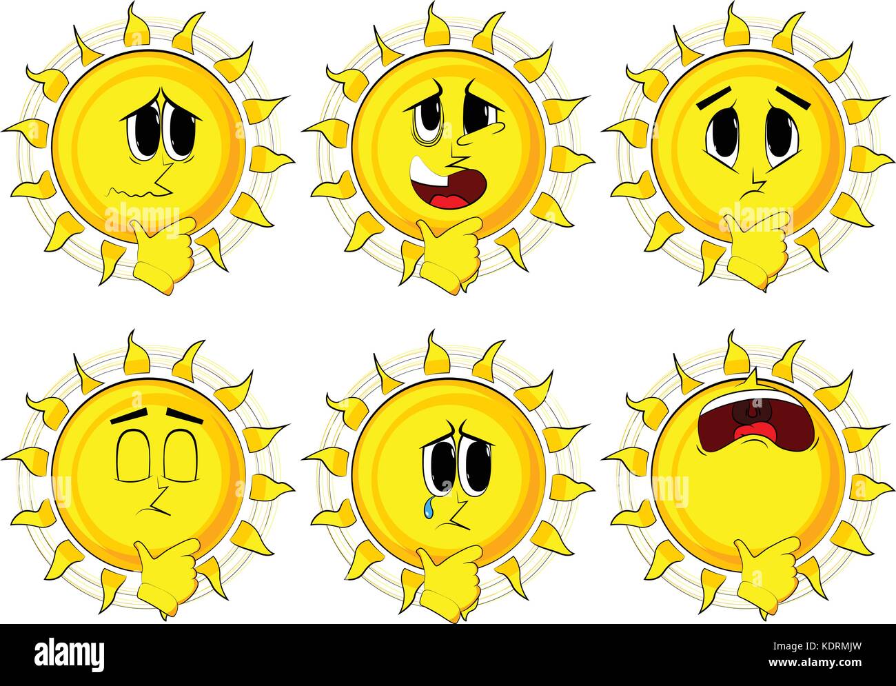 Cartoon sun thinking. Collection with sad faces. Expressions vector set ...
