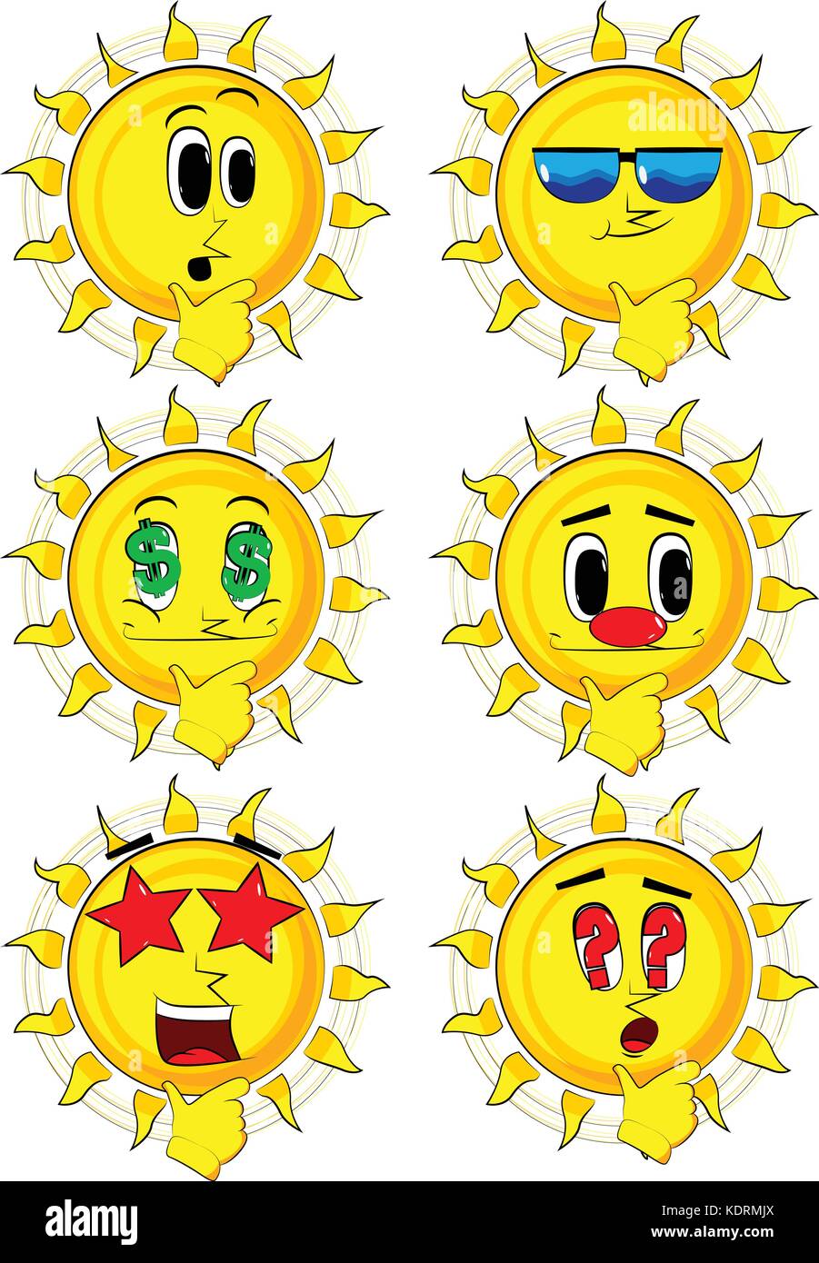 Cartoon sun thinking. Collection with various facial expressions ...